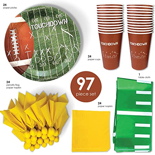 Island Genius Football Themed Party Supplies and Decorations - 24 Party Cups, 24 Paper Dinner Plates, 24 Penalty Flag Paper Napkins, 24 Yellow Paper Napkins, 1 Plastic Tablecloth