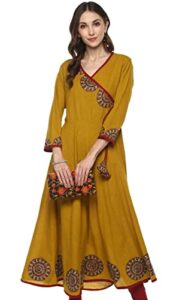 yash gallery women's cotton slub patch work angrakha kurta (yellow)