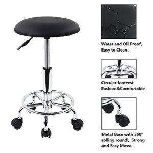 KKTONER Swivel Rolling Stool with Footrest Height Adjustable PU Leather Salon Vanity Spa Massage Office Stool Chair Small (Black)