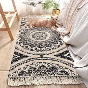 leevan mandala boho runner rug, 2.3' x 5.3' tufted hand woven washable hallway black cream chic tassels door mat farmhouse indoor floor rugs for bedroom/kitchen/bathroom/living room