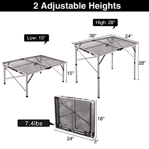 RedSwing Portable Grill Table for Outside, Aluminum Folding Grill Stand Table for Outdoor Camping Picnic BBQ, Lightweight Adjustable Height, 36"x24"x15"/28" Sliver