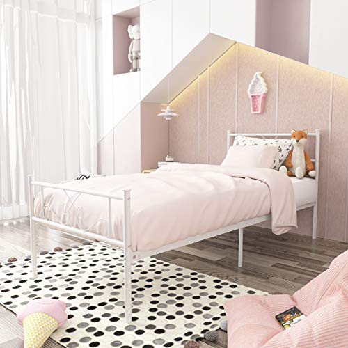 Weehom Kids Student Single Metal Bed Frame Twin Size with Unique Flower Design Sturdy Metal Frame Premium Steel Slat Support Platform Bed for Guest Room No Boxspring Need White