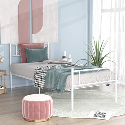 Weehom Kids Student Single Metal Bed Frame Twin Size with Unique Flower Design Sturdy Metal Frame Premium Steel Slat Support Platform Bed for Guest Room No Boxspring Need White