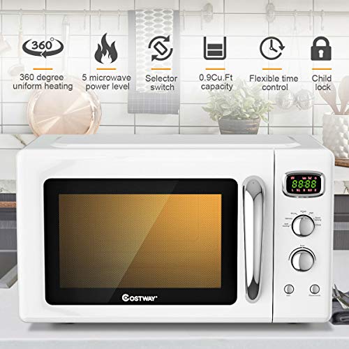 COSTWAY Retro Countertop Microwave Oven, 0.9Cu.ft, 900W Microwave Oven, with 5 Micro Power, Defrost & Auto Cooking Function, LED Display, Glass Turntable Viewing Window, Child Lock, ETL