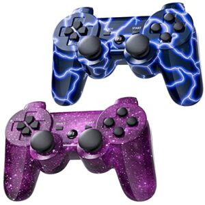 burcica ps3 controller 2 pack wireless motion sense dual vibration upgraded gaming controller for sony play station 3 with charging cord (blue+purple)