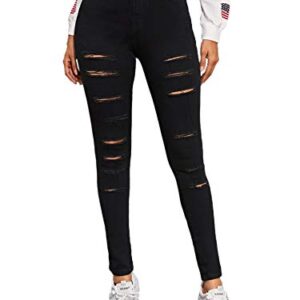 SweatyRocks Women's Hight Waisted Stretch Distressed Denim Pants Ripped Skinny Jeans Black M