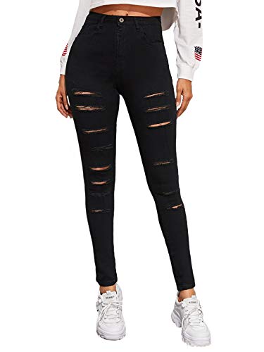 SweatyRocks Women's Hight Waisted Stretch Distressed Denim Pants Ripped Skinny Jeans Black M