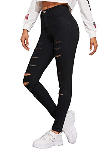 SweatyRocks Women's Hight Waisted Stretch Distressed Denim Pants Ripped Skinny Jeans Black M