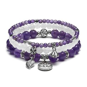 jovivi 3pcs amethyst crystal beaded chakra bracelet natural healing energy beads stone therapy reiki stackable stretch bracelets set for women