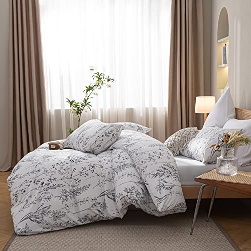 JANZAA White Duvet Cover Queen 3 Pieces Floral Duvet Cover with Black Botanical Patterns Soft Microfiber Bedding Set with Zipper Closure 4 Ties (2 Pillow Cases)