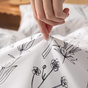 JANZAA White Duvet Cover Queen 3 Pieces Floral Duvet Cover with Black Botanical Patterns Soft Microfiber Bedding Set with Zipper Closure 4 Ties (2 Pillow Cases)