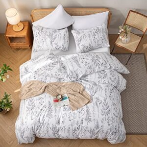 JANZAA White Duvet Cover Queen 3 Pieces Floral Duvet Cover with Black Botanical Patterns Soft Microfiber Bedding Set with Zipper Closure 4 Ties (2 Pillow Cases)