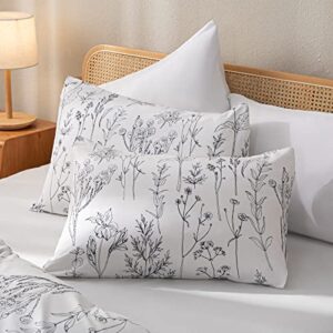 JANZAA White Duvet Cover Queen 3 Pieces Floral Duvet Cover with Black Botanical Patterns Soft Microfiber Bedding Set with Zipper Closure 4 Ties (2 Pillow Cases)