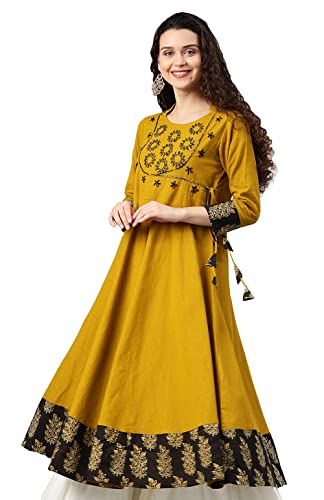 Yash Gallery Women's Cotton Slub Sequin Work Angrakha Kurtis (Mustard Yellow)