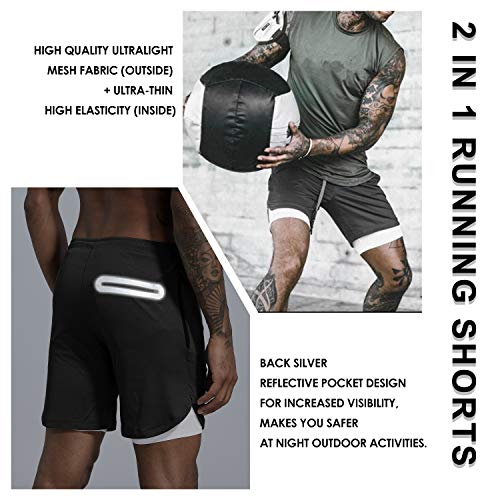 Leidowei Men's 2-in-1 Running Shorts Workout Jogger Gym Quick-Dry Bodybuliding Athletic Short with Pockets Green L