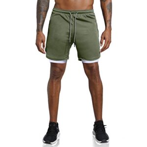 Leidowei Men's 2-in-1 Running Shorts Workout Jogger Gym Quick-Dry Bodybuliding Athletic Short with Pockets Green L