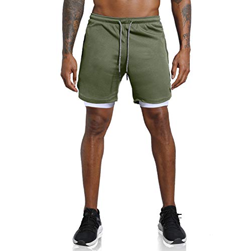 Leidowei Men's 2-in-1 Running Shorts Workout Jogger Gym Quick-Dry Bodybuliding Athletic Short with Pockets Green L