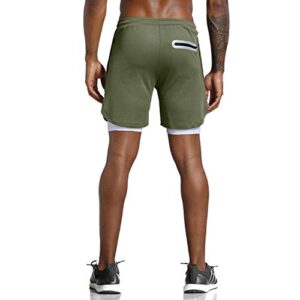 Leidowei Men's 2-in-1 Running Shorts Workout Jogger Gym Quick-Dry Bodybuliding Athletic Short with Pockets Green L