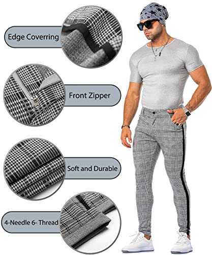 CANGHPGIN Mens Plaid Stretch Dress Pants Slim Fit Skinny Chino Pants Tapered Men Checkered Business Casual Pants Gray