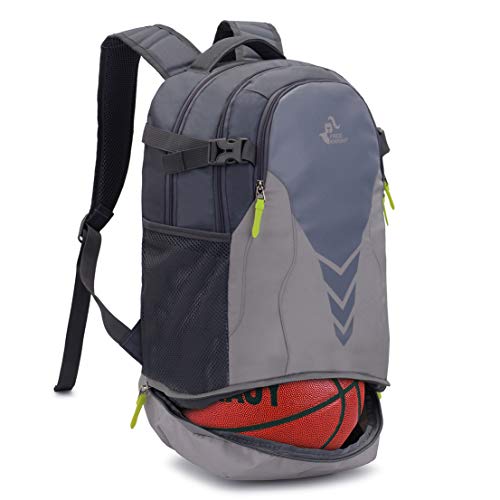 35L Basketball Backpack with Bottom Ball Compartment – Large Capacity Sports Equipment Bag for Youth Boys Girls Fit Basketball Volleyball Football Soccer Ball, Gym, Outdoor, Travel, Team (Light Gray)