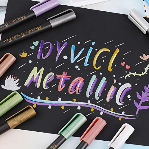 Dyvicl Metallic Brush Marker Pens - Metallic Pens Art Markers for Calligraphy, Brush Lettering, Black Paper, Rock Painting, Card Making, Scrapbooking, Fabric, Metal, Ceramics, Wine Glass, Set of 9