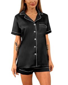 yimanie womens silk satin pajama sets two-piece short sleeve shirt and shorts button down pj set loungewear black