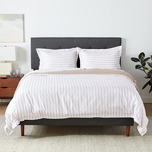 Amazon Basics Lightweight Microfiber Duvet Cover Set with Zipper Closure, Full/Queen, Taupe Stripe