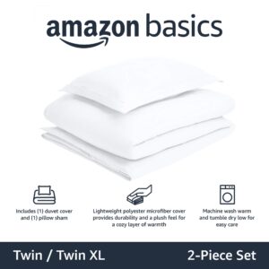 Amazon Basics Lightweight 2 Piece Microfiber Duvet Cover Set with Zipper Closure, Twin/Twin XL, Bright White, Solid