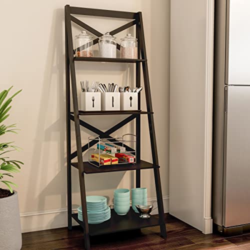 Lavish Home 4-Tier Ladder Bookshelf – Freestanding Wooden Bookcase – X-Back Frame and Leaning Look Decorative Shelves for Home and Office (Black) Set of 1