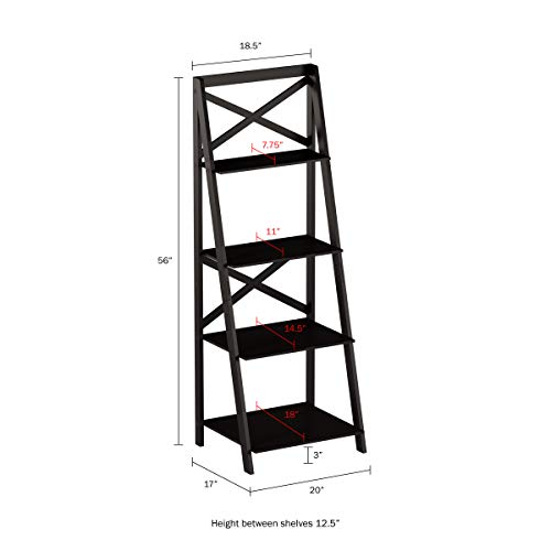 Lavish Home 4-Tier Ladder Bookshelf – Freestanding Wooden Bookcase – X-Back Frame and Leaning Look Decorative Shelves for Home and Office (Black) Set of 1