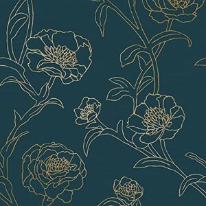 tempaper peacock blue & metallic gold peonies removable peel and stick floral wallpaper, 20.5 in x 16.5 ft, made in the usa