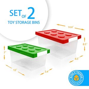 Bins & Things Toy Organizers and Storage / Toy Chest - Set of 2 Large and Small Brick Shaped Kids Storage Organizer for Lego Storage Box, Building Brick Storage, Barbie Dolls, Hot Wheel, Beyblades - Toy Box, Lego Organizers storage