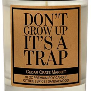 Don't Grow Up It's A Trap, Kraft Label Scented Soy Candle, Citrus, Spice, Sandalwood, 10 Oz. Glass Jar Candle, Made in The USA, Decorative Candles, Funny and Sassy Gifts