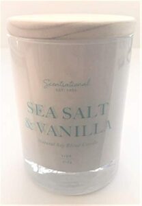 natural coconut + beeswax scented candle sea salt + vanilla in glossy white jar with wooden lid, 11 oz.