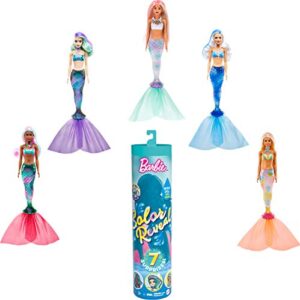 barbie color reveal doll & accessories, 7 surprises including mermaid tail & color-change hair & face (styles may vary)