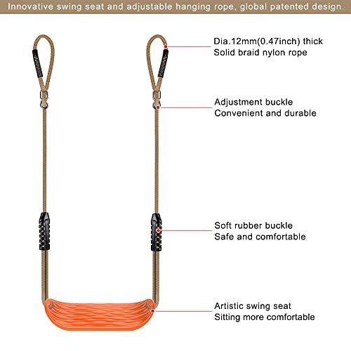 BeneLabel Non-Slip Swing Seat with Adjustable Rope and Carabiners - Heavy Duty Playground Swing Set Accessories for Kids and Adults - 220LB Capacity - Orange