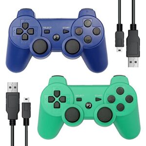 autker ps3 controller wireless 2 pack double vibration gamepad with 2 charging cable compatible with playstation 3 (blue+green)