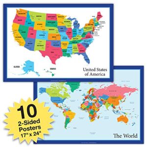 global printed products 10 extra large usa map and world map posters for classroom, office decorations and home 24x17 inch double sided (pack of 10)