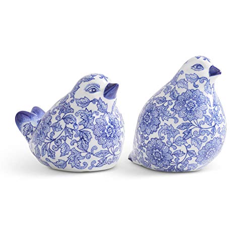 K&K Interiors 16219A Set Of 2 Blue And White Chinoiserie Porcelain Sitting Birds (Grad Sizes)