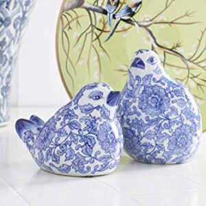 K&K Interiors 16219A Set Of 2 Blue And White Chinoiserie Porcelain Sitting Birds (Grad Sizes)