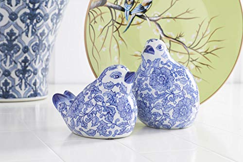 K&K Interiors 16219A Set Of 2 Blue And White Chinoiserie Porcelain Sitting Birds (Grad Sizes)