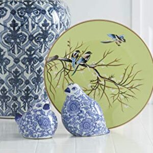 K&K Interiors 16219A Set Of 2 Blue And White Chinoiserie Porcelain Sitting Birds (Grad Sizes)