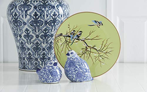 K&K Interiors 16219A Set Of 2 Blue And White Chinoiserie Porcelain Sitting Birds (Grad Sizes)