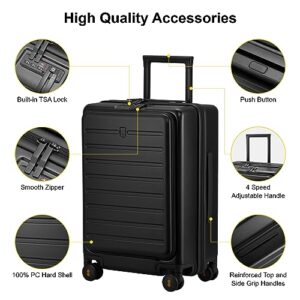 LEVEL8 Road Runner Carry On Luggage, 20‘‘ Lightweight PC Hardside Luggage with Front Pocket, Rolling Suitcase with Spinner Wheels, Travel Suitcase for Women & Men, TSA Locks-Black