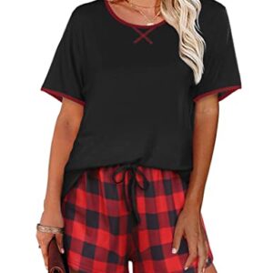 Ekouaer Pajamas Women Short Sleeve with Plaid Shorts Soft Sleepwear Sleep Set Casual Lounge Pj Set,Black, Red Plaid