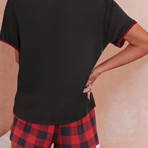 Ekouaer Pajamas Women Short Sleeve with Plaid Shorts Soft Sleepwear Sleep Set Casual Lounge Pj Set,Black, Red Plaid