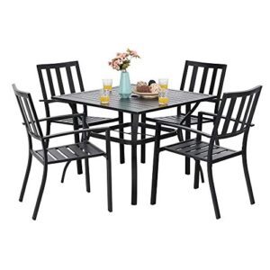 mfstudio 5 piece metal patio dining sets outdoor club bistro bar sets with 1.57” umbrella hole, 4 garden backyard metal chairs and larger square patio table, steel slat frame, black …