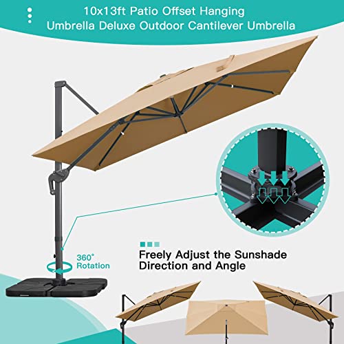 Sunnyglade 10x13Ft Cantilever Patio Umbrella Rectangular Deluxe Offset 360°Rotation & Integrated Tilting System Hanging Umbrella for Market Garden Deck Pool Backyard Patio (Tan)