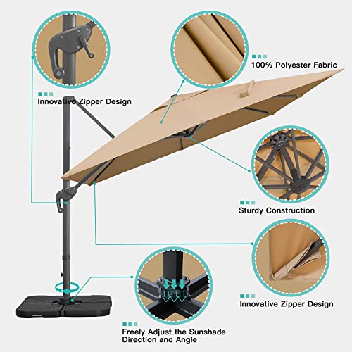 Sunnyglade 10x13Ft Cantilever Patio Umbrella Rectangular Deluxe Offset 360°Rotation & Integrated Tilting System Hanging Umbrella for Market Garden Deck Pool Backyard Patio (Tan)