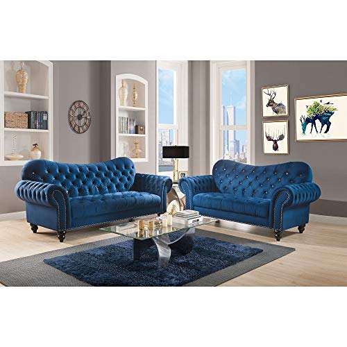 Eddy Mid Century Tufted Velvet Sectional Sofa Couch, Modern Diamond Tufted Upholstered Velvet Sofa with Rolled Wooden Legs, Luxury Vintage Tufted Velvet Living Room Sofa Couch(Navy)